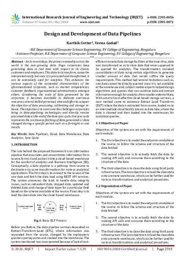 (PDF) IRJET- Design and Development of Data Pipelines