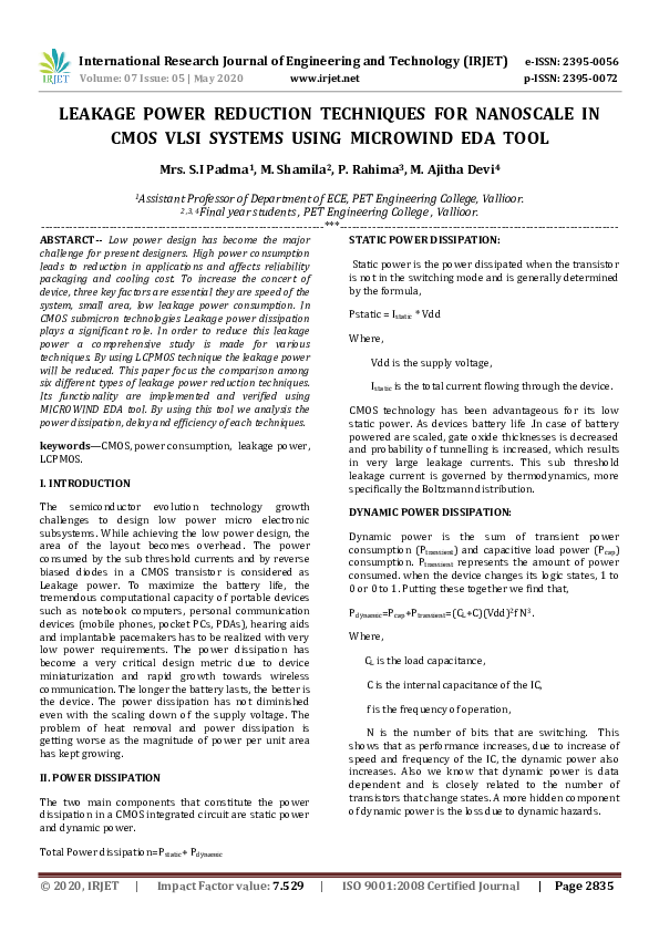 Pdf Irjet Leakage Power Reduction Techniques For Nanoscale In Cmos Vlsi Systems Using