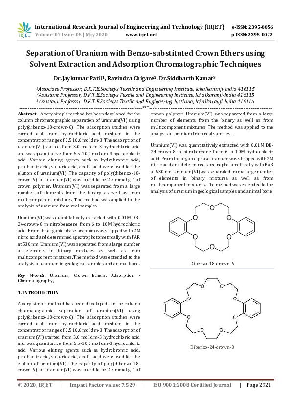 (PDF) IRJET- Separation of Uranium with Benzo-substituted Crown Ethers ...