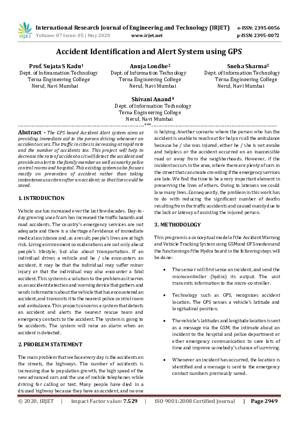 (PDF) IRJET- Accident Identification and Alert System using GPS