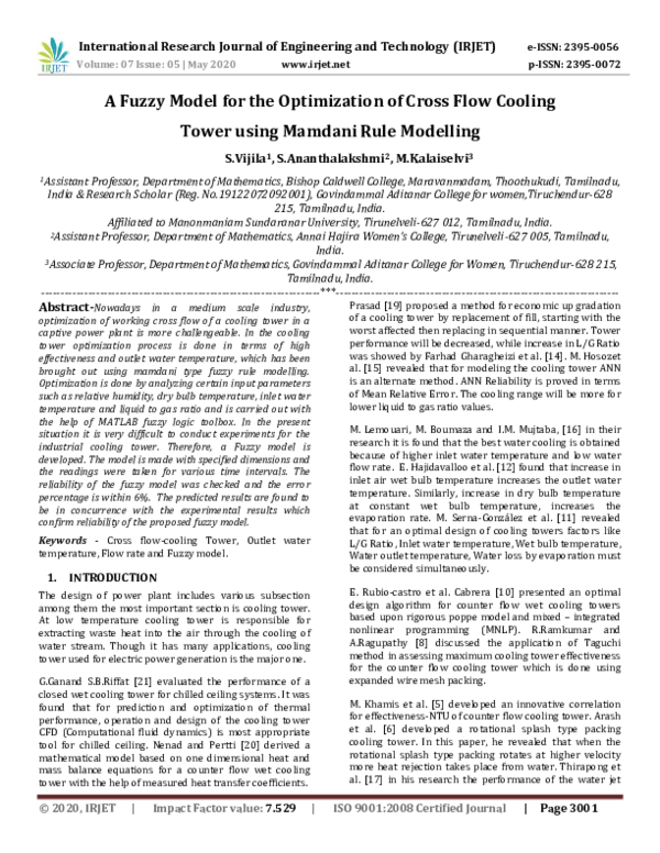 Pdf Irjet A Fuzzy Model For The Optimization Of Cross Flow Cooling Tower Using Mamdani Rule