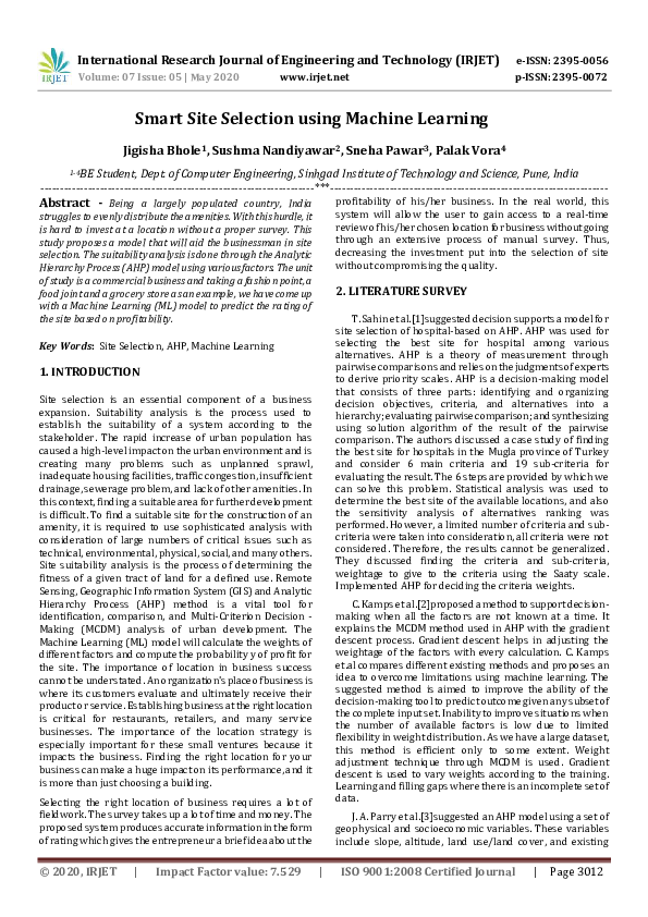 (PDF) Smart Site Selection using Machine Learning