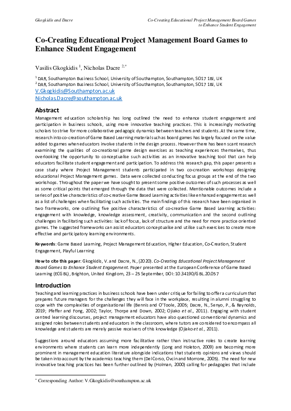(PDF) Co-Creating Educational Project Management Board Games to Enhance ...