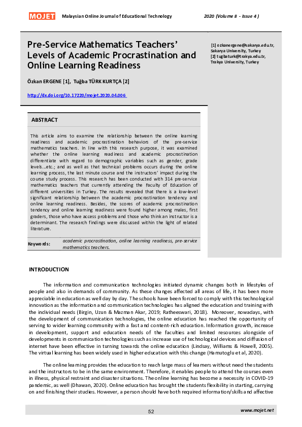 (PDF) Pre-Service Mathematics Teachers' Levels of Academic Procrastination and Online Learning ...