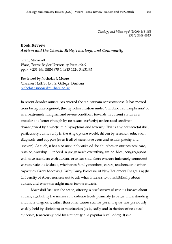 (PDF) REVIEW of Grant Macaskill, Autism and the Church: Bible, Theology ...