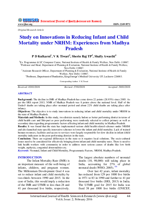 (PDF) Study on Innovations in Reducing Infant and Child Mortality under ...