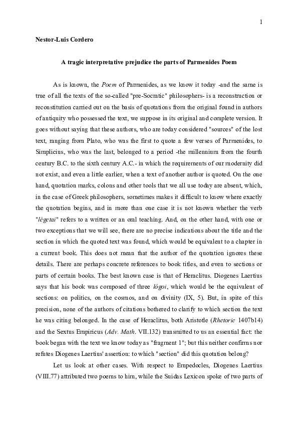 (DOC) A tragic interpretative prejudice: the parts of Parmenides' Poem