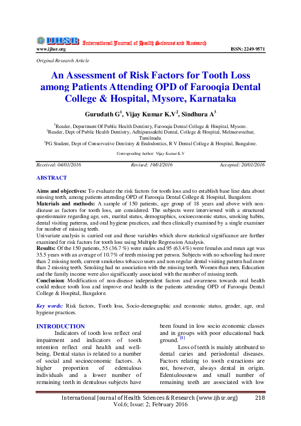 (PDF) An Assessment of Risk Factors for Tooth Loss among Patients ...