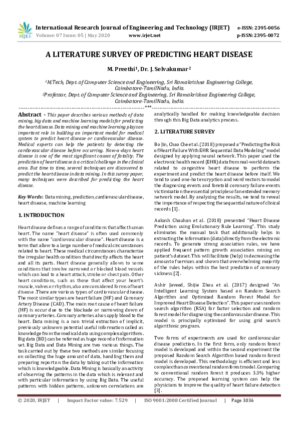 (PDF) IRJET- A LITERATURE SURVEY OF PREDICTING HEART DISEASE