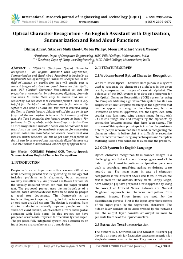 (PDF) IRJET- Optical Character Recognition -An English Assistant with ...
