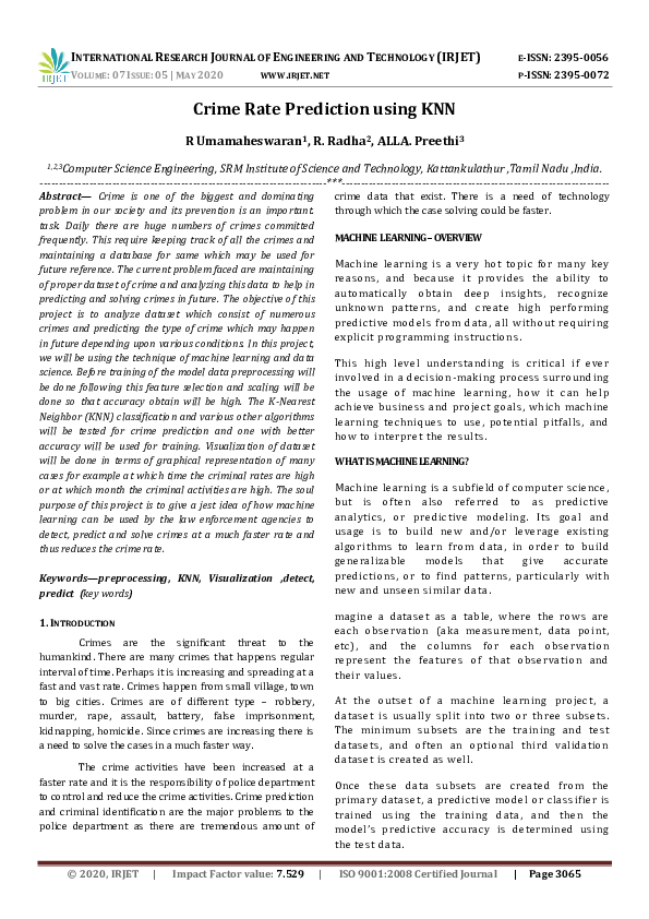 Pdf Irjet Crime Rate Prediction Using Knn