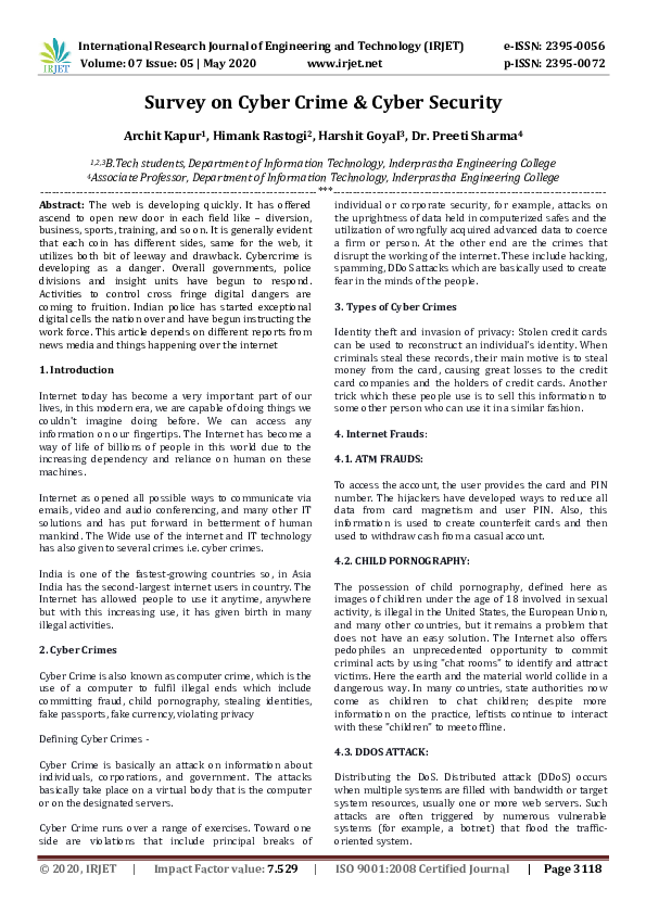 Pdf Irjet Survey On Cyber Crime And Cyber Security