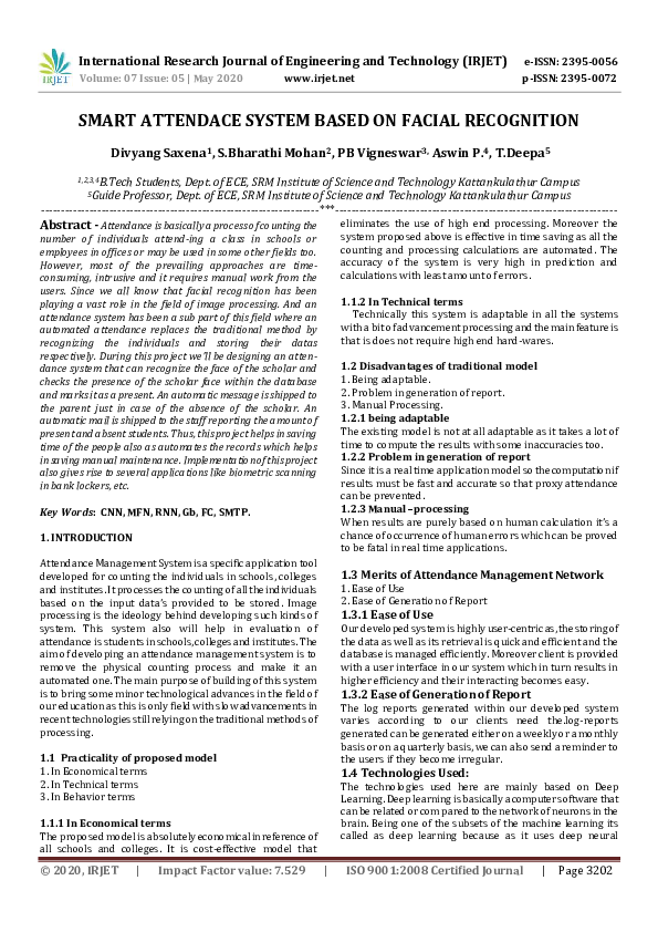 (PDF) IRJET- SMART ATTENDACE SYSTEM BASED ON FACIAL RECOGNITION