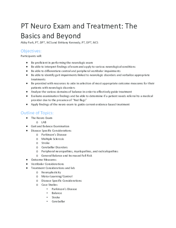 (PDF) PT Neuro Exam and Treatment: The Basics and Beyond Objectives