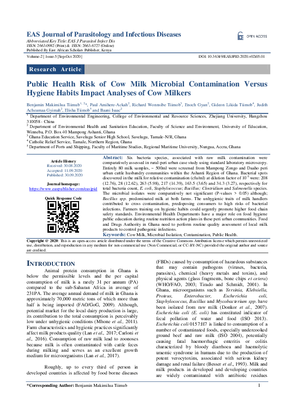(PDF) Public Health Risk of Cow Milk Microbial Contamination Versus Hygiene Habits Impact ...