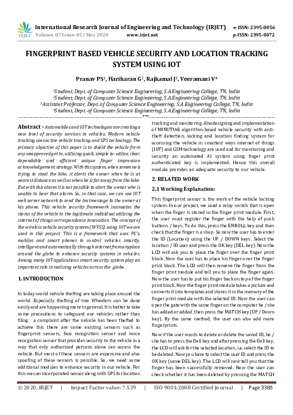 (PDF) IRJET- FINGERPRINT BASED VEHICLE SECURITY AND LOCATION TRACKING SYSTEM USING IOT