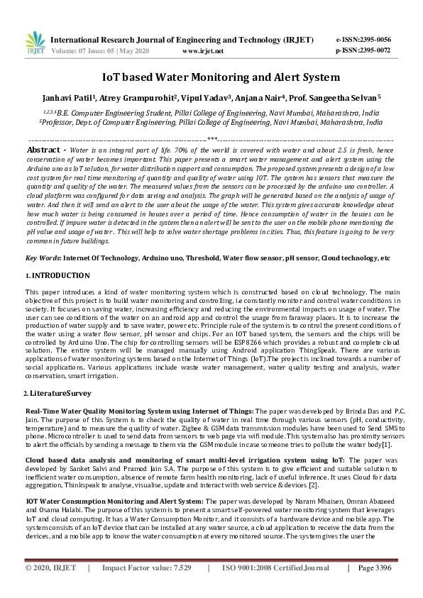 (PDF) IRJET- IoT based Water Monitoring and Alert System