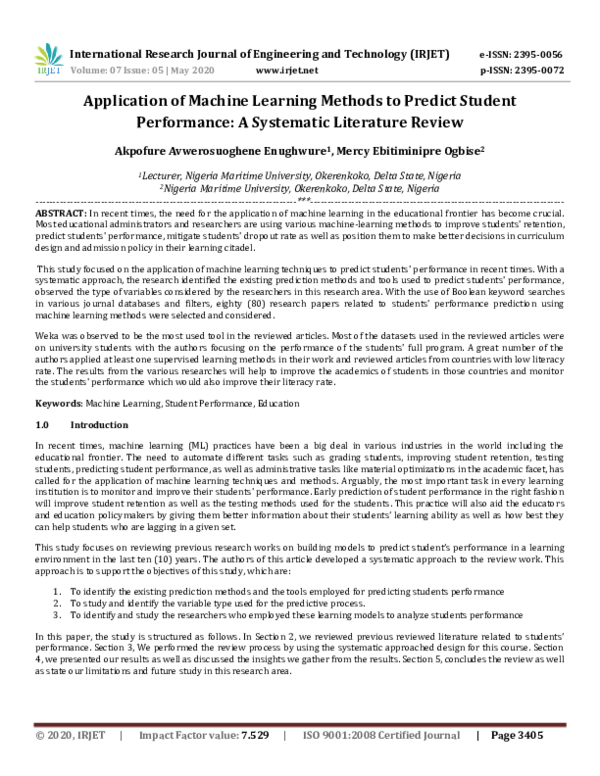 (PDF) IRJET- Application of Machine Learning Methods to Predict Student Performance: A ...
