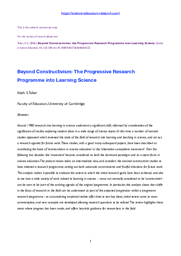(PDF) Beyond Constructivism: the Progressive Research Programme into Learning Science. Studies ...