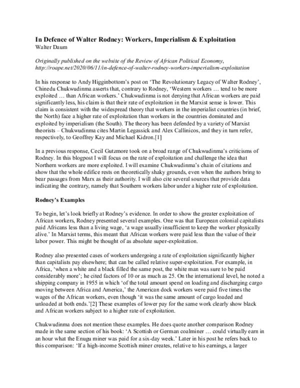 (PDF) In Defence of Walter Rodney: Workers, Imperialism & Exploitation