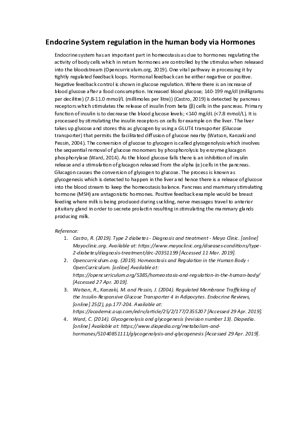 (DOC) Endocrine System regulation in the human body via Hormones