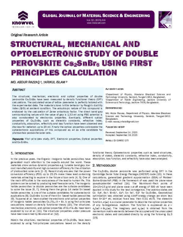 (PDF) STRUCTURAL, MECHANICAL AND OPTOELECTRONIC STUDY OF DOUBLE PEROVSKITE Cs2SnBr6 USING FIRST ...