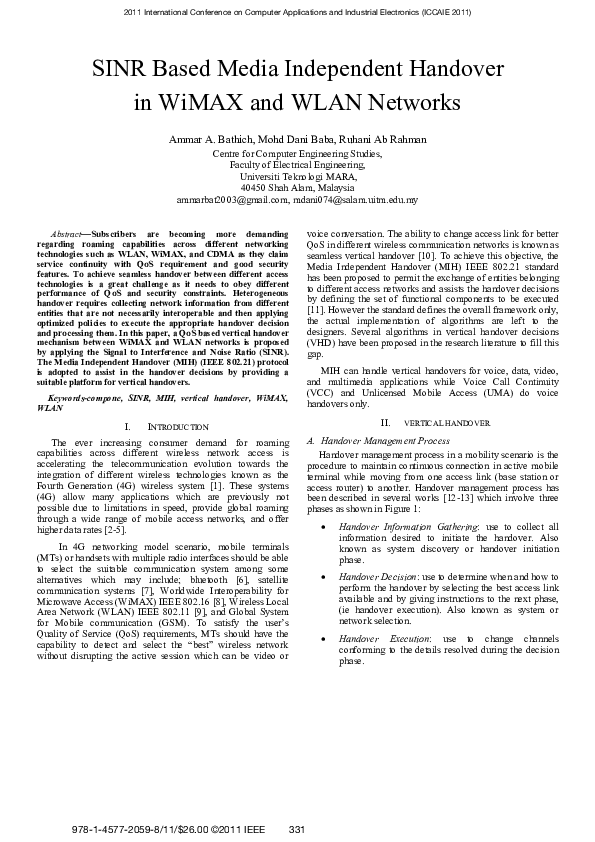 (PDF) SINR based Media Independent Handover in WiMAX and WLAN networks