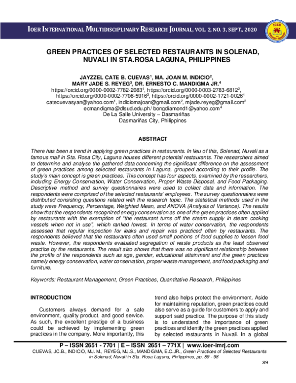 (PDF) GREEN PRACTICES OF SELECTED RESTAURANTS IN SOLENAD, NUVALI IN STA ...