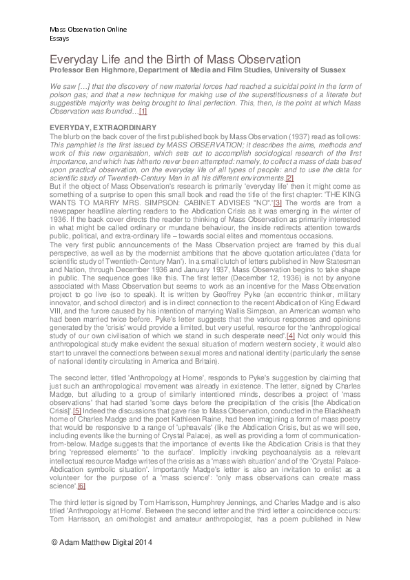 (PDF) Everyday Life and the Birth of Mass Observation