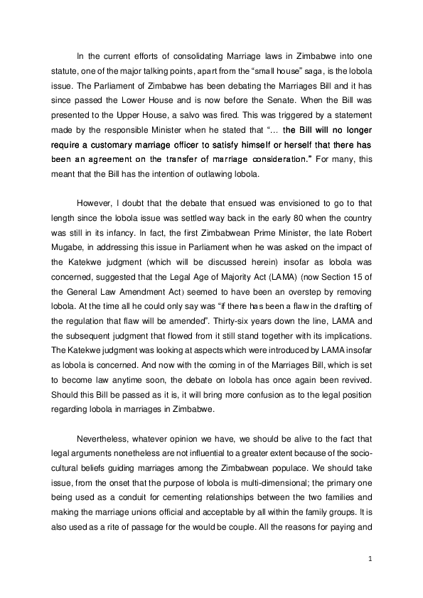(PDF) Lobola To pay or not to pay Zimbabwe Marriages Bill and its ...