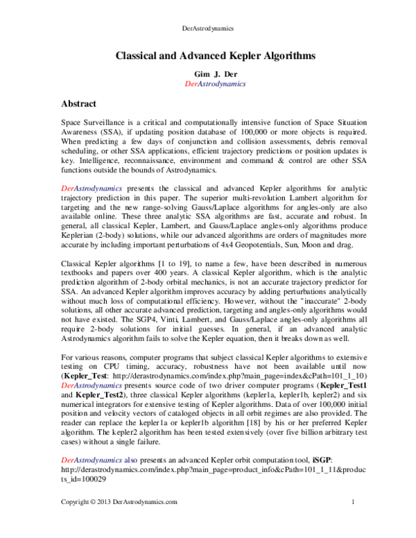 (PDF) Classical and Advanced Kepler Algorithms
