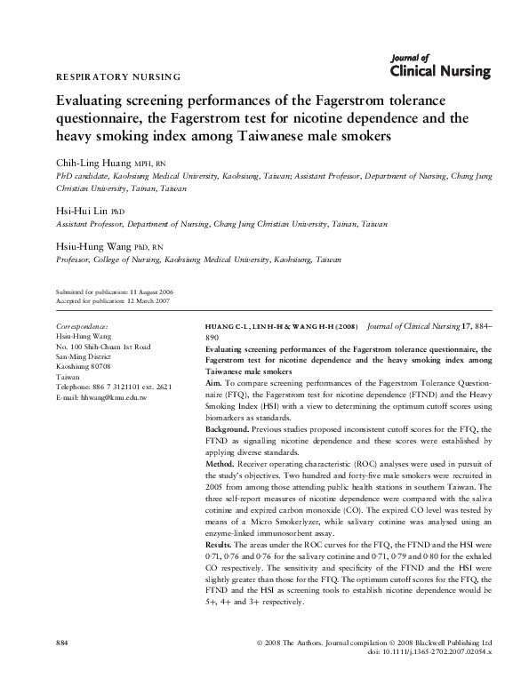 (PDF) Evaluating screening performances of the Fagerstrom tolerance ...