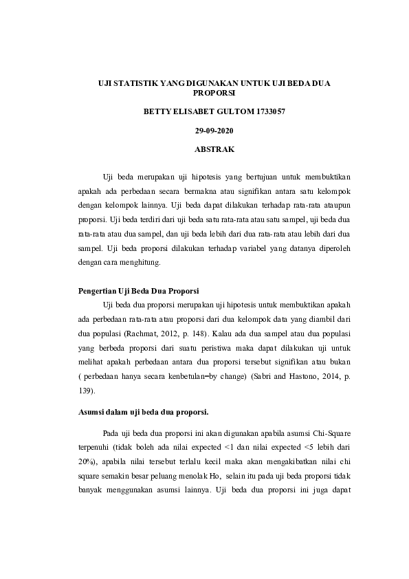 (DOC) UJI STATISTIK YANG DIGUNAKAN UNTUK UJI BEDA DUA PROPORSI