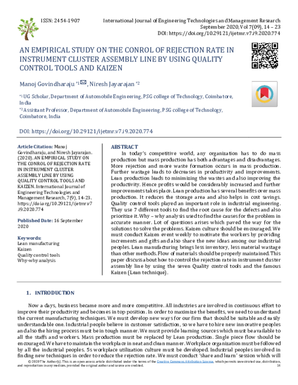 (PDF) AN EMPIRICAL STUDY ON THE CONROL OF REJECTION RATE IN INSTRUMENT ...