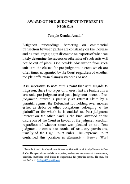 (PDF) AWARD OF PRE-JUDGMENT INTEREST IN NIGERIA