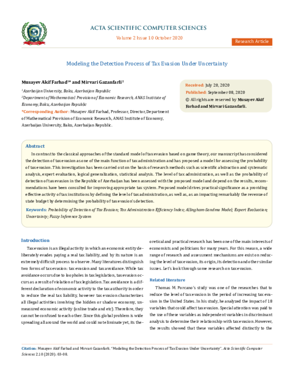 (PDF) Modeling the Detection Process of Tax Evasion Under Uncertainty