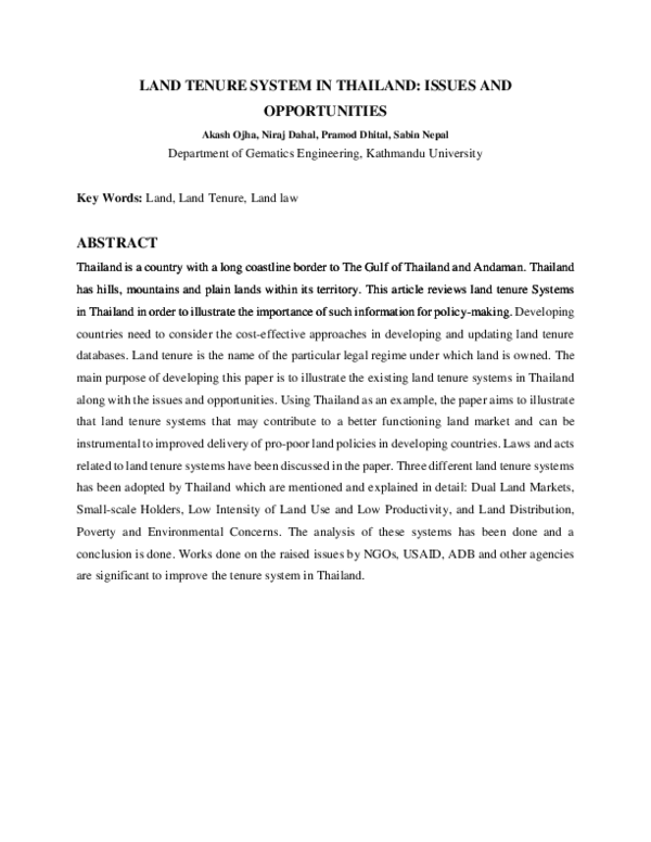 (PDF) LAND TENURE SYSTEM IN THAILAND: ISSUES AND OPPORTUNITIES