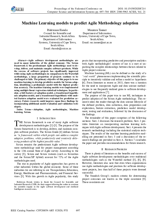 (PDF) Machine Learning models to predict Agile Methodology adoption