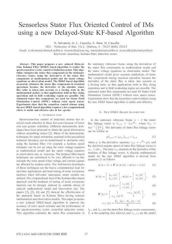 Pdf Sensorless Stator Flux Oriented Control Of Ims Using A New Delayed State Kf Based Algorithm