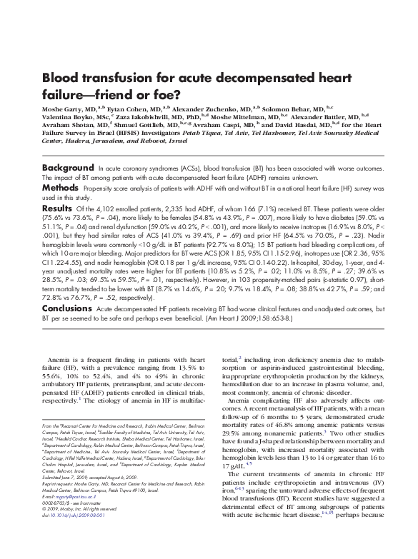(PDF) Blood transfusion for acute decompensated heart failure—friend or ...