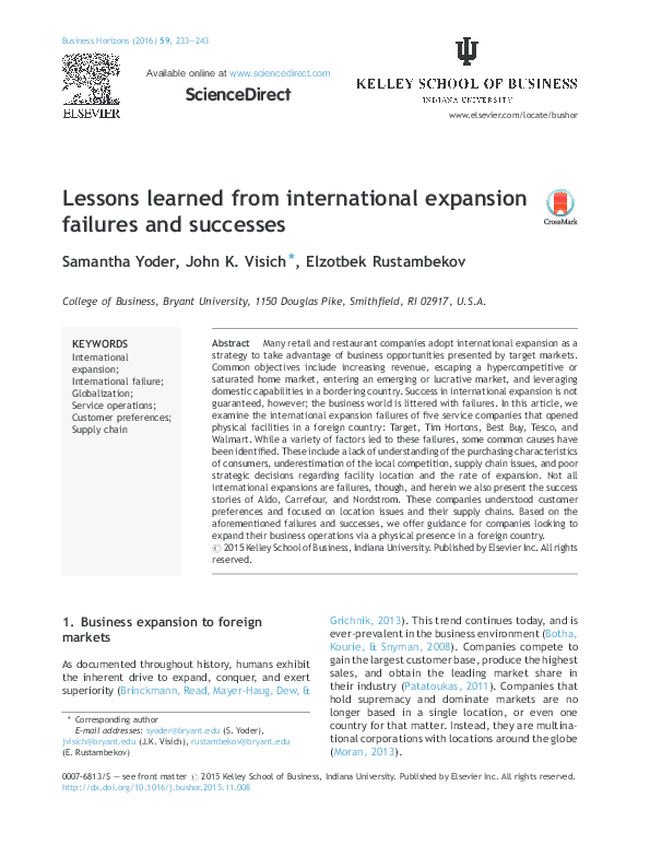 (PDF) Lessons learned from international expansion failures and successes