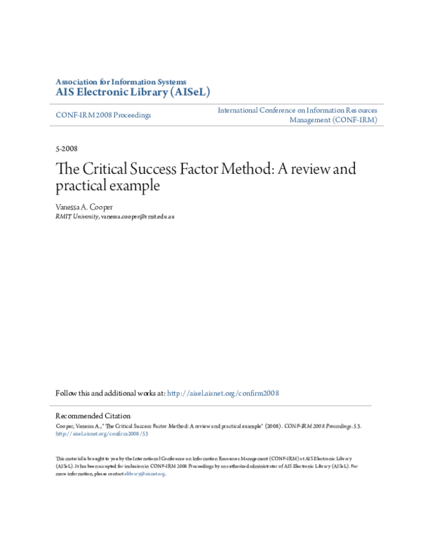 (PDF) The Critical Success Factor Method: A review and practical example