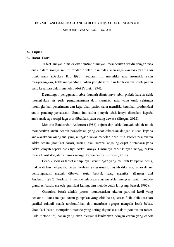 (DOC) FORMULASI DAN EVALUASI TABLET KUNYAH ALBENDAZOLE