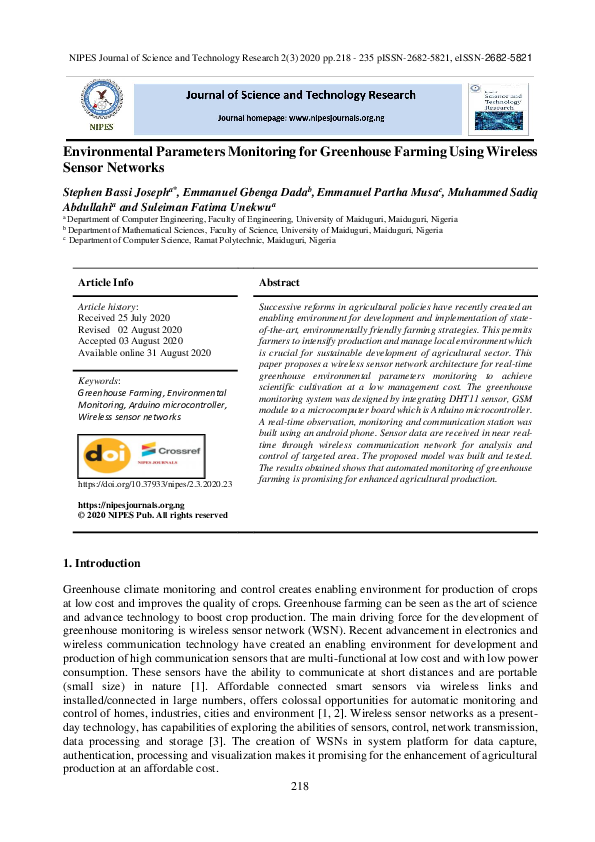 Pdf Environmental Parameters Monitoring For Greenhouse Farming Using Wireless Sensor Networks