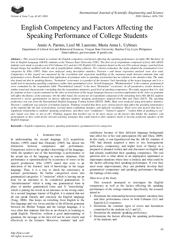 (PDF) English Competency and Factors Affecting the Speaking Performance of College Students