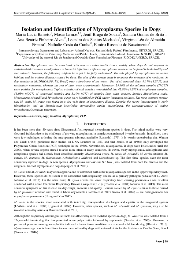 (PDF) Isolation and Identification of Mycoplasma Species in Dogs