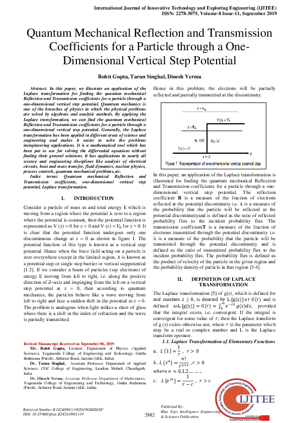 (PDF) Quantum Mechanical Reflection and Transmission Coefficients for a Particle through a One ...