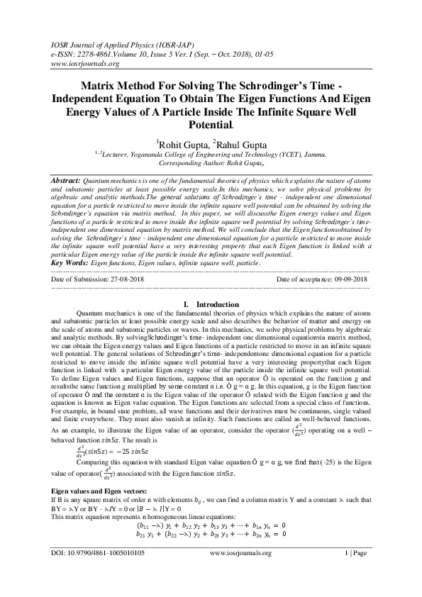(PDF) Matrix Method For Solving The Schrodinger's Time - Independent ... (PDF) Matrix Method For Solving The Schrodinger's Time - Independent ...