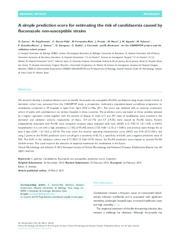 (PDF) A simple prediction score for Estimating the Risk of candidemia ...