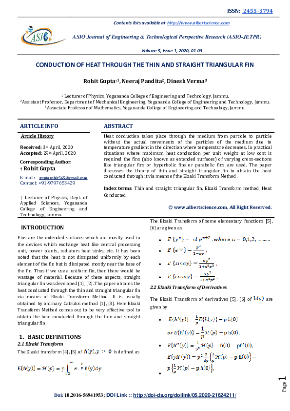 (PDF) CONDUCTION OF HEAT THROUGH THE THIN AND STRAIGHT TRIANGULAR FIN